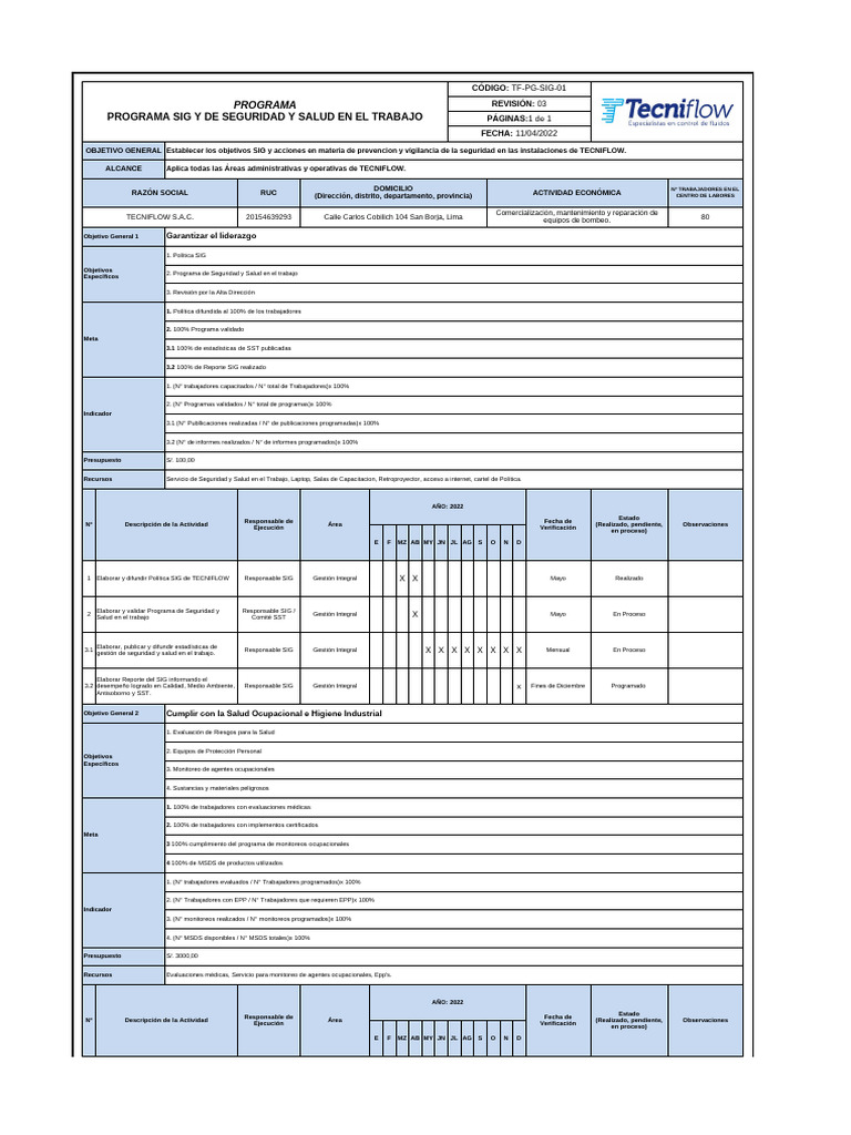 Programa Anual de Seguridad y Salud en El Trabajo 2022 | PDF