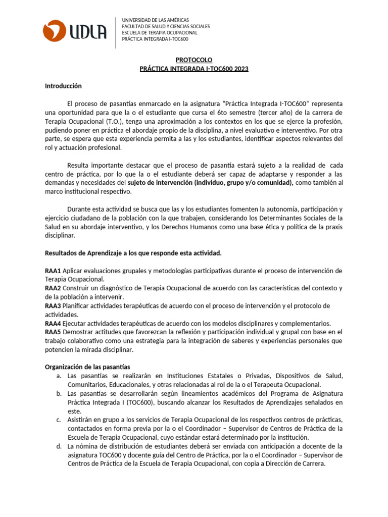 Protocolo Práctica Integrada I-TOC600 VERSIÓN FINAL | PDF