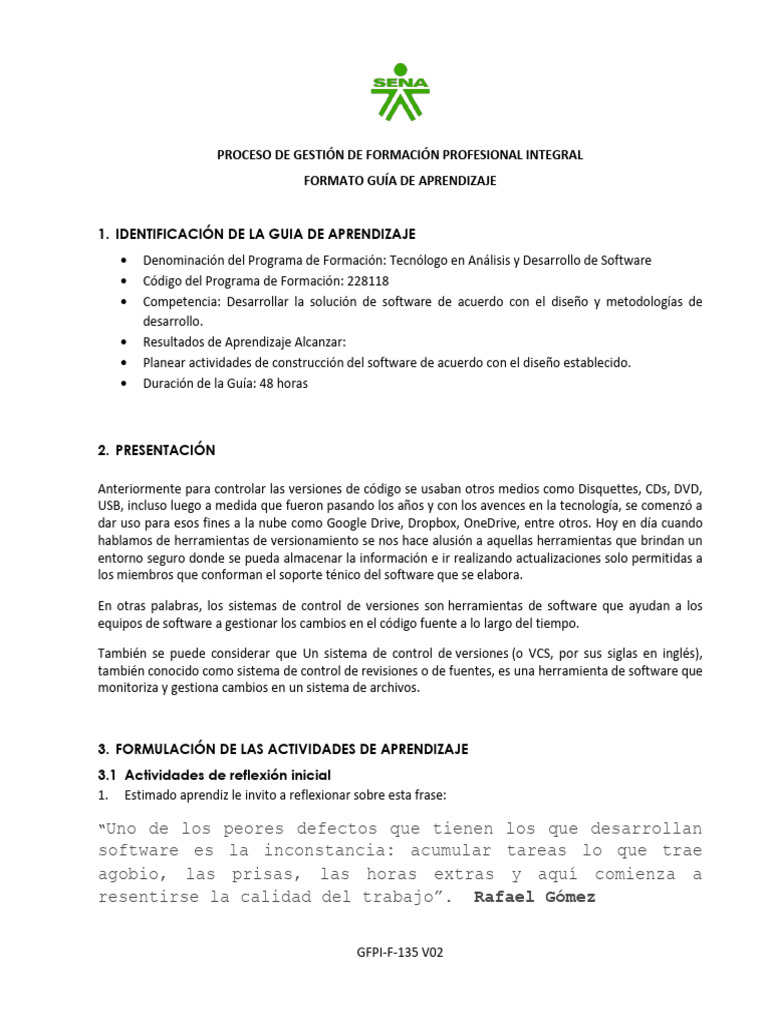 GFPI-F-135GuiadeAprendizaje Herramientas de Versionamiento ADSO | PDF | Desarrollo de software ...