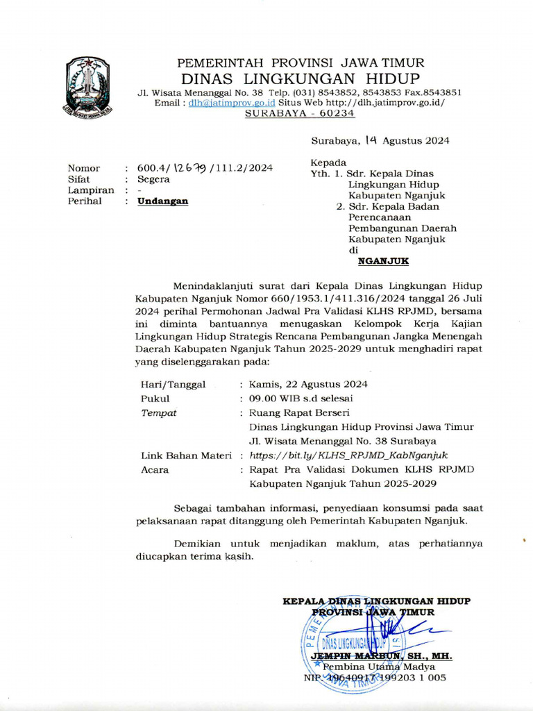 Undangan Pra Validasi KLHS RPJMD Nganjuk - DLH & Bappeda Nganjuk | PDF