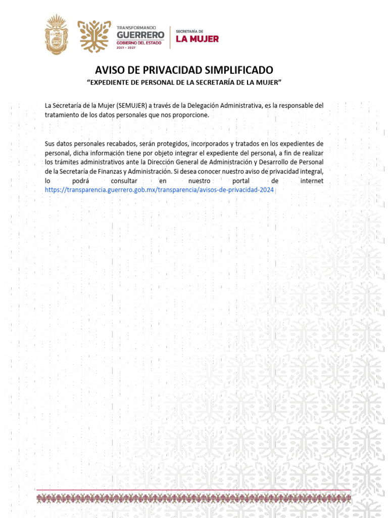 Aviso de Privacidad Simplificado e Integral - Expediente de Personal | PDF