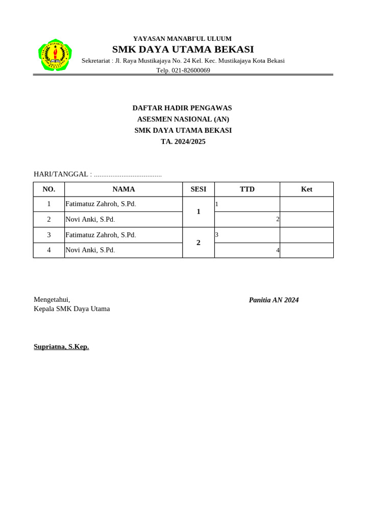 Daftar Hadir Pengawas Simulasi Anbk 2022 | PDF