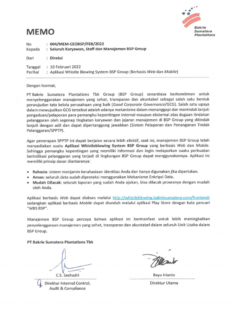 Memo Direksi - Aplikasi Whistle Blowing System BSP Group | PDF
