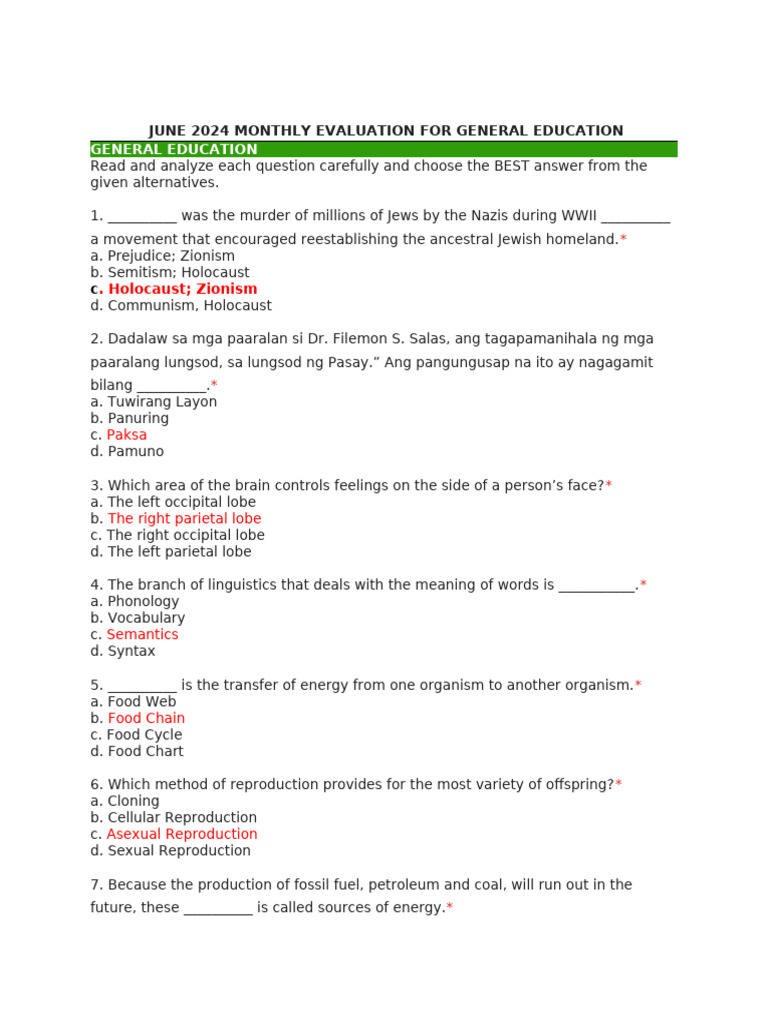 Answer Key JUNE 2024 MONTHLY EVALUATION FOR GENERAL EDUCATION | PDF
