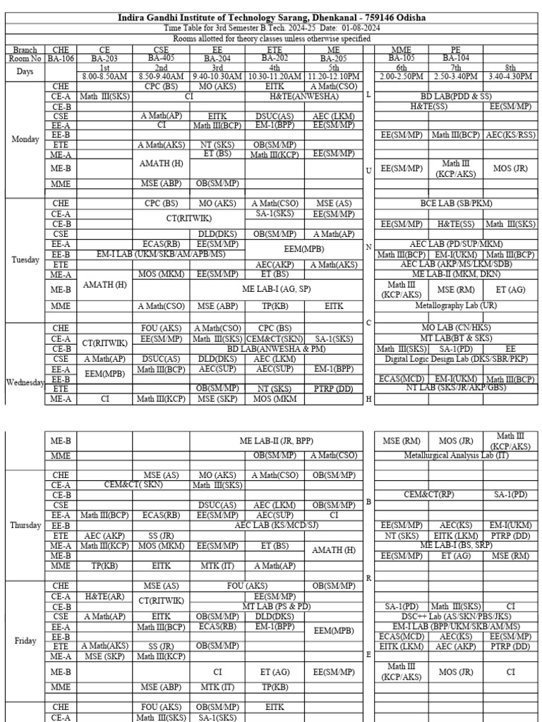 Time Table For 3rd Semester B 1722012460 | PDF