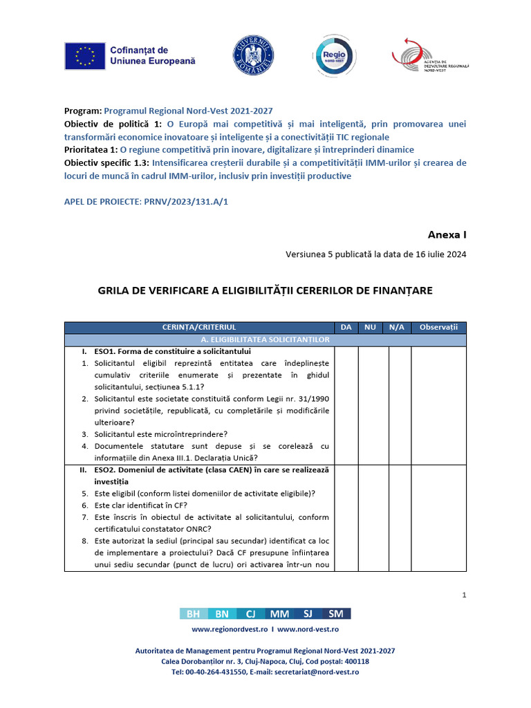 Anexa I - Grila Verificare Eligibilitate 131.A - V5 - CORR7 | PDF