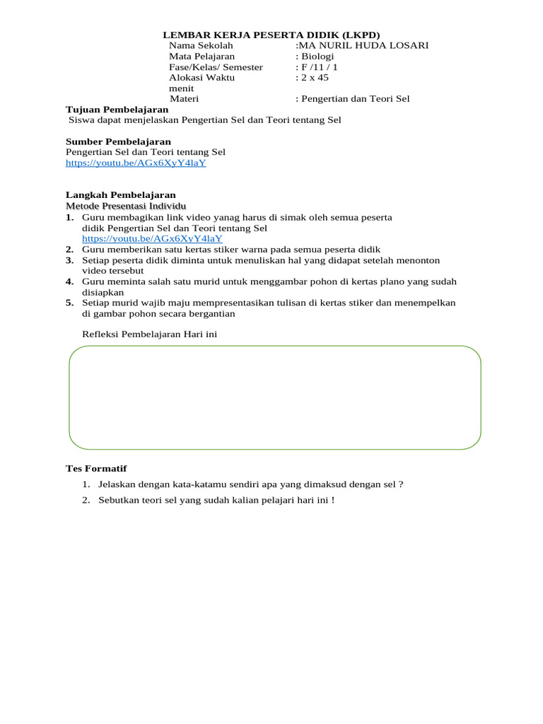LKPD Pengertian Dan Teori Sel | PDF