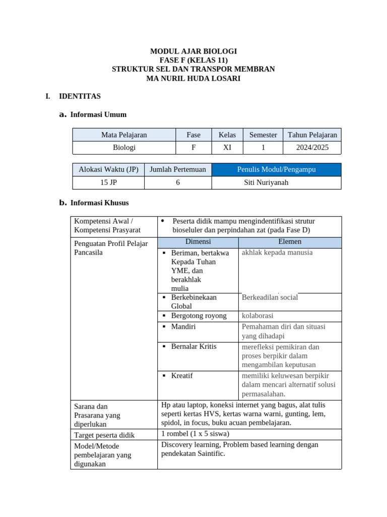 Modul Ajar Struktur Sel | PDF