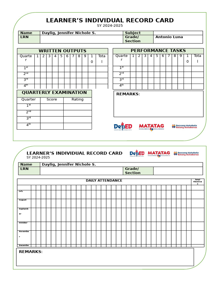 Learner's Individual Record Card | PDF