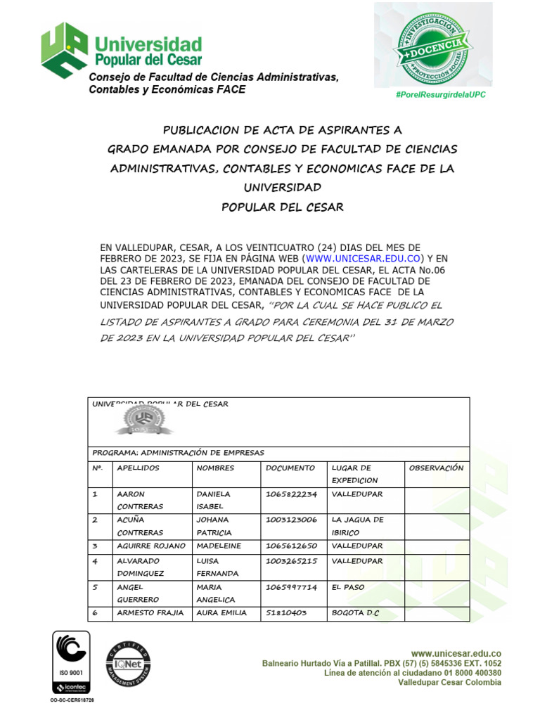 Acta de Aspirantes a Grado UPC 2023 | PDF