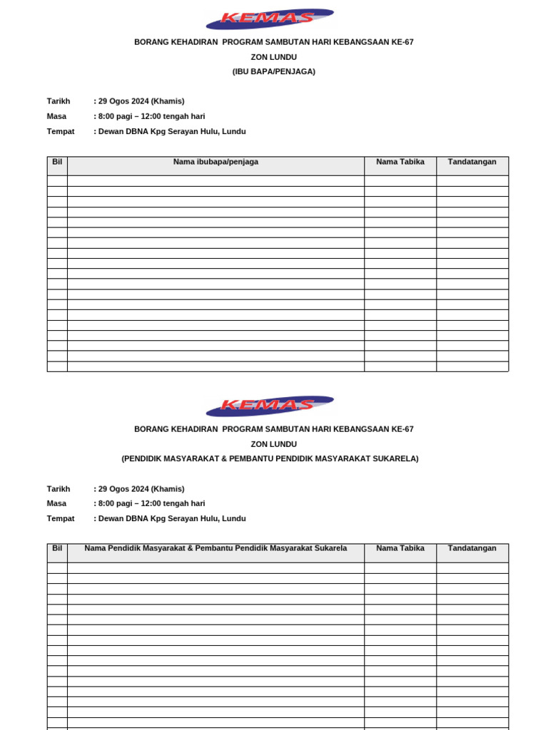 Borang Kehadiran Program Kemerdekaan 2023 | PDF