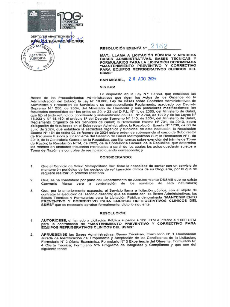 Resolución Exenta #2162 A - Bases Mantenimiento C y P Equipos R | PDF