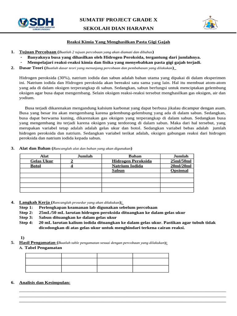 Template Laporan Kimia X - Percobaan Sederhana | PDF