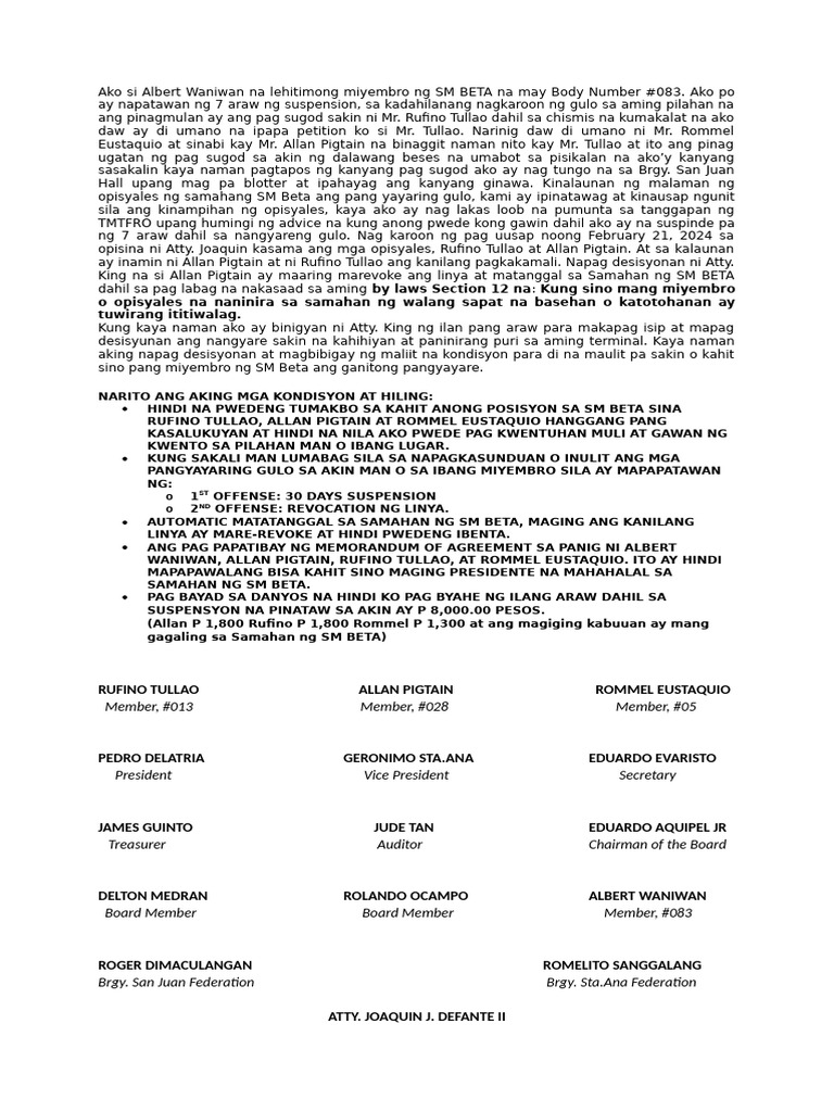 Ako Si Albert Waniwan Na Lehitimong Miyembro NG SM BETA Na May Body Number | PDF