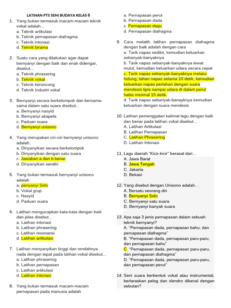 Latihan+Jawaban Seni Budaya Kelas 8 | PDF