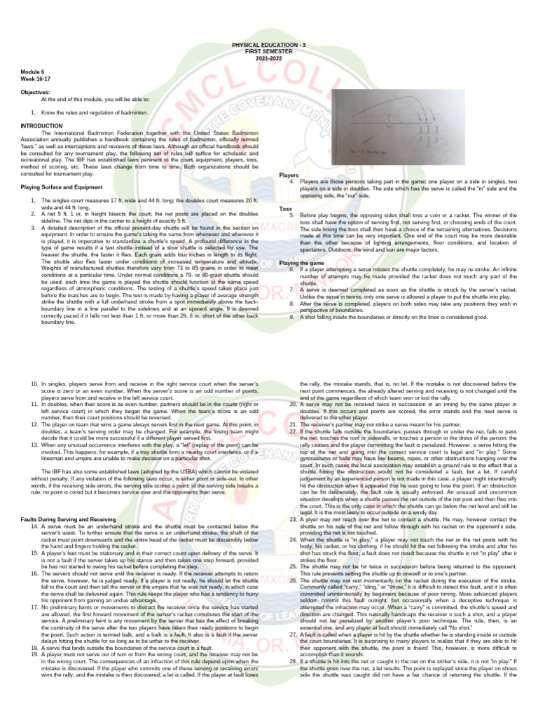 Pe 3 College Module 6 WK 16-17 | PDF