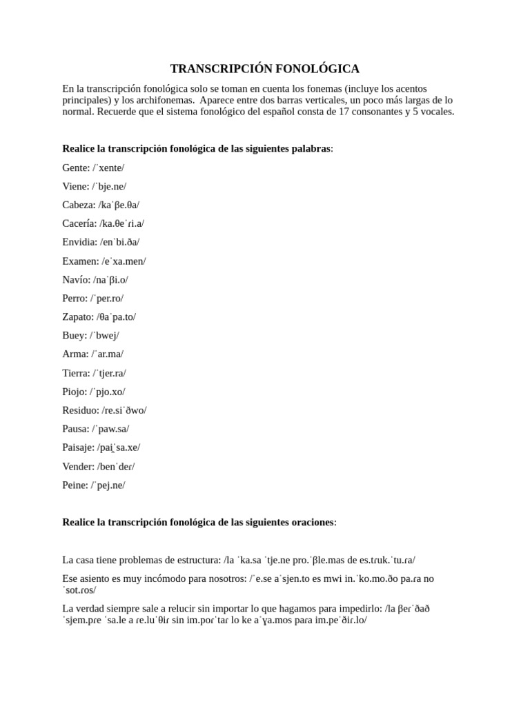 Ejercicios de Transcripcion Fonologica y Fonetica | PDF
