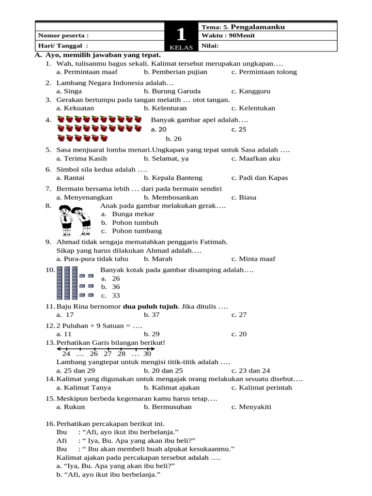Soal Kelas 1 Tema 5 6 7 8 New Pdf