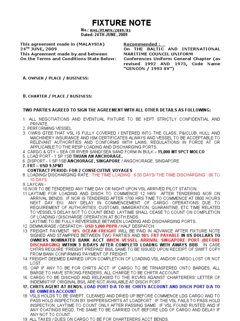 VietForward.com Fixture Note Chartering)