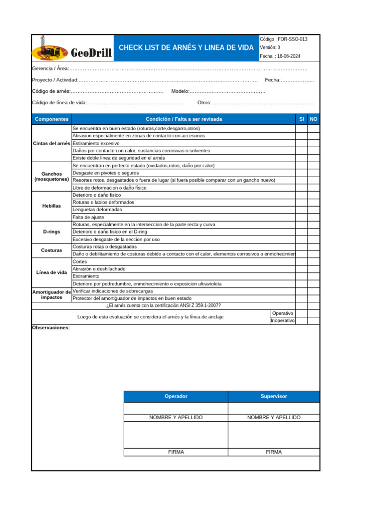 For-SSO-13 Check List para Arnés y Línea de Vida | PDF