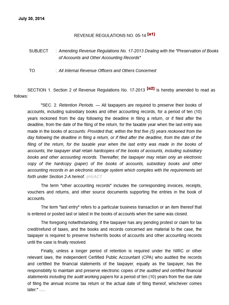 Preservation of Books of Accounts and Other Accounting Records | PDF ...