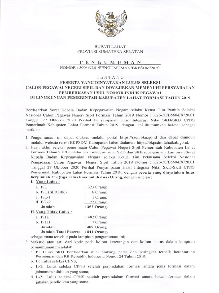 Pengumuman Kelulusan CPNS 2019 Lampiran Lengkap Detil | PDF