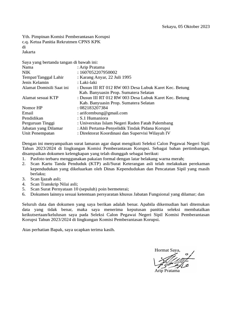 Format Surat Lamaran KPK | PDF