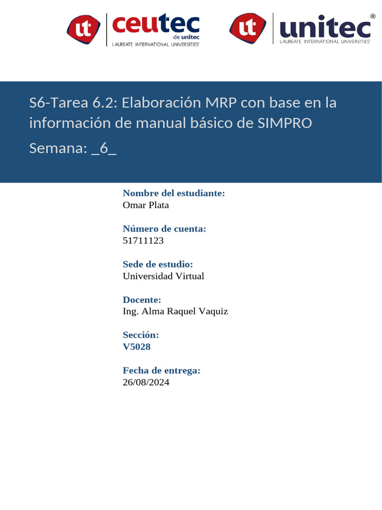Tarea 6 2 Elaboracion MRP Con Base en La Informacion de Manual Basico de SIMPRO | PDF