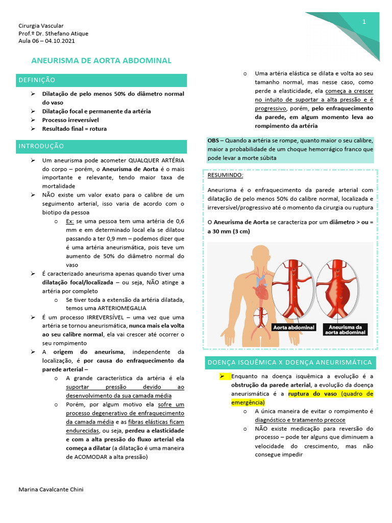 Aula 06 - Aneurisma de Aorta Abdominal | PDF