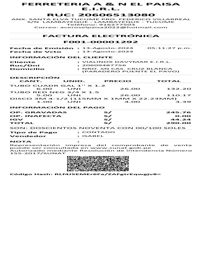 Factura Electrónica F001-00001292 | PDF