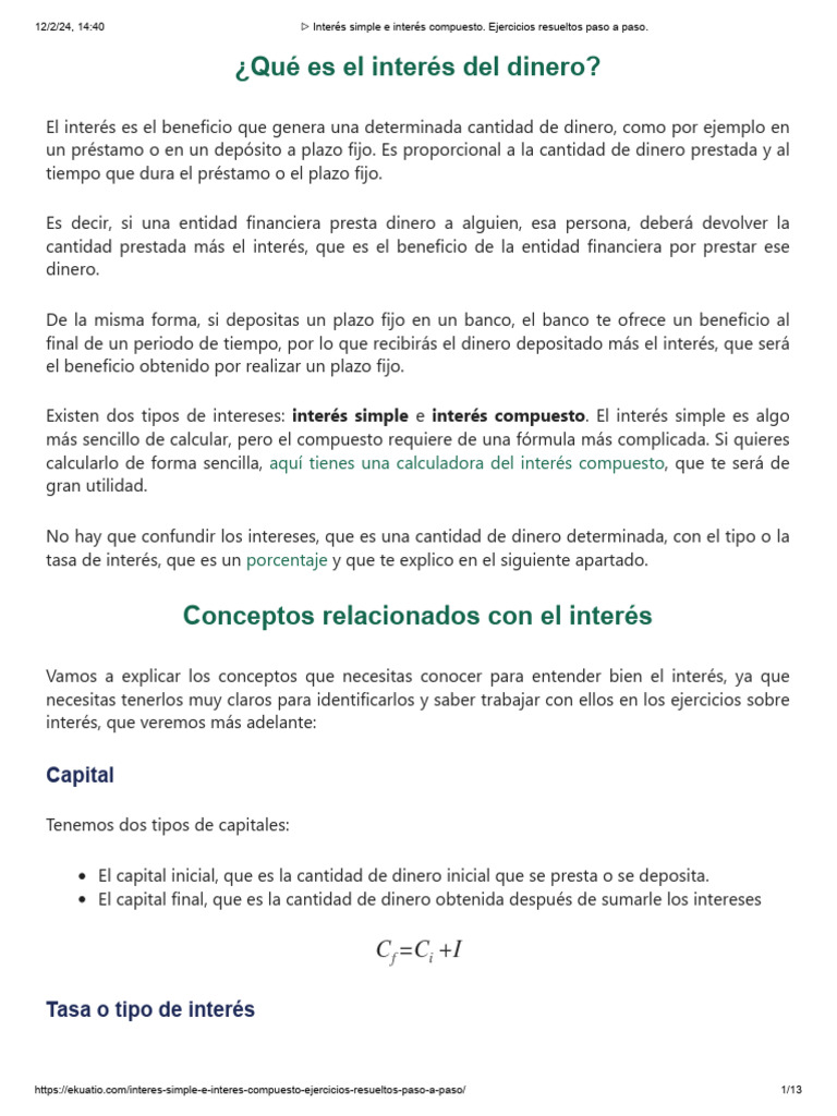 Interés Simple y Compuesto. Ejercicios Resueltos | PDF