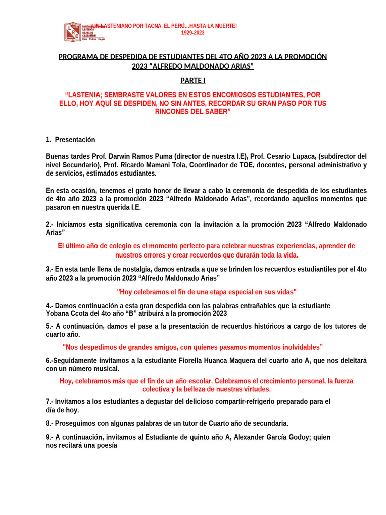 PROGRAMA DE DESPEDIDA | PDF