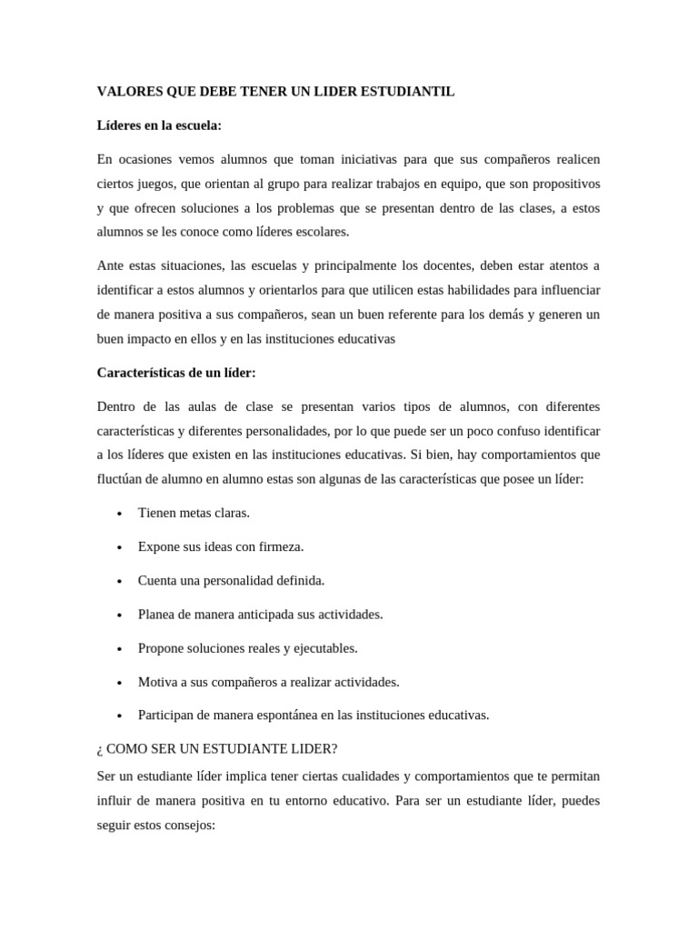 Valores de Un Lider Estudiantil | PDF