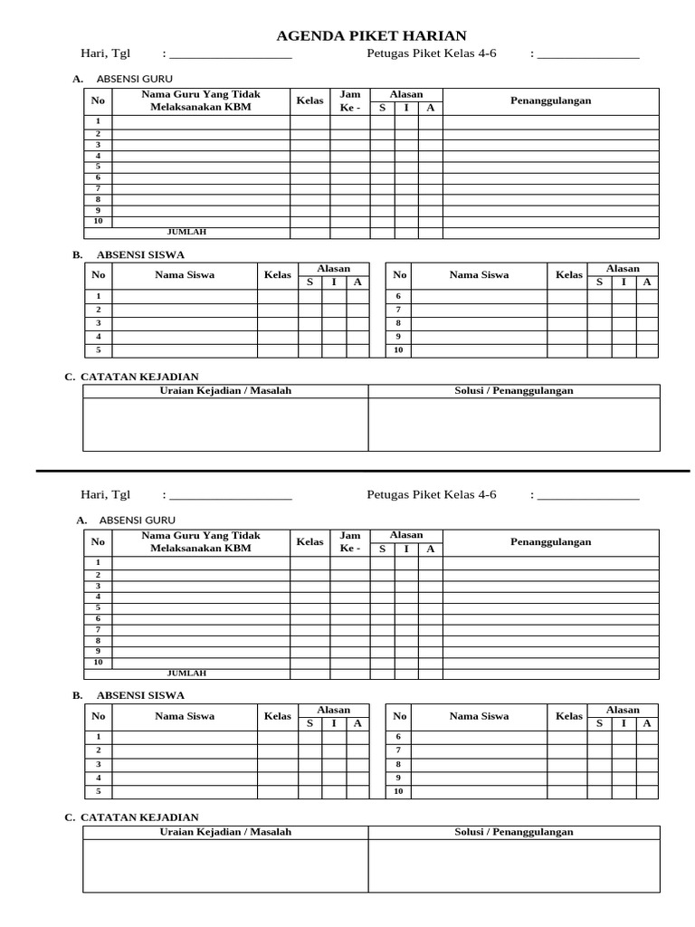 Agenda Piket Harian Guru | PDF