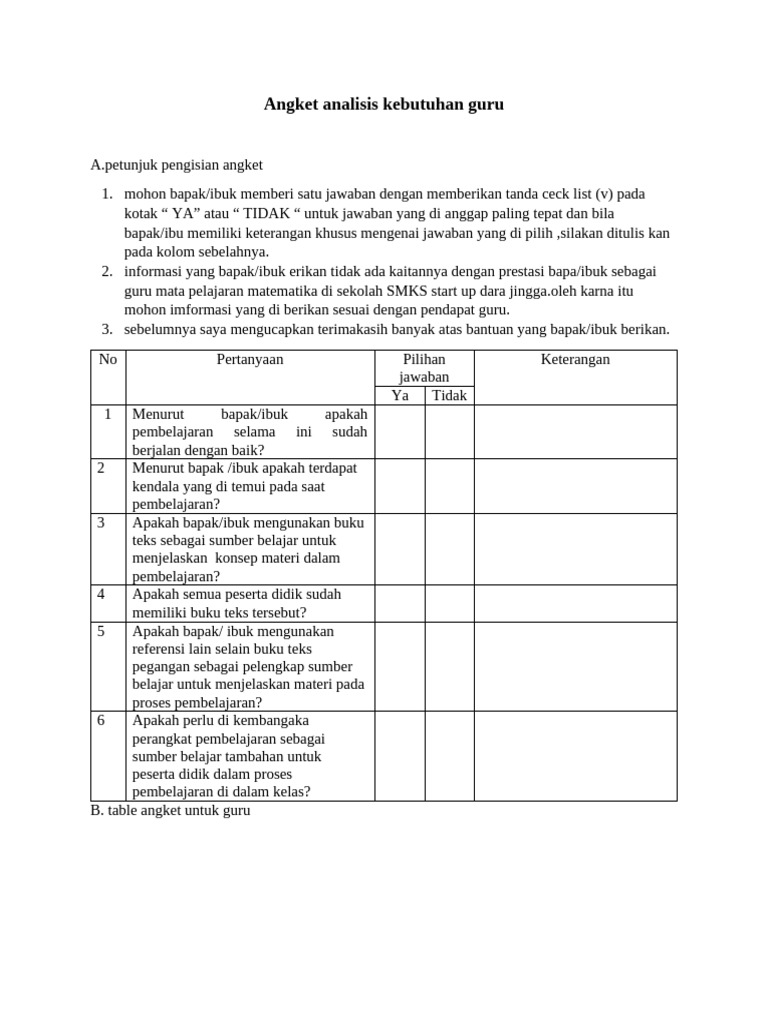 Angket Analisis Kebutuhan Guru | PDF