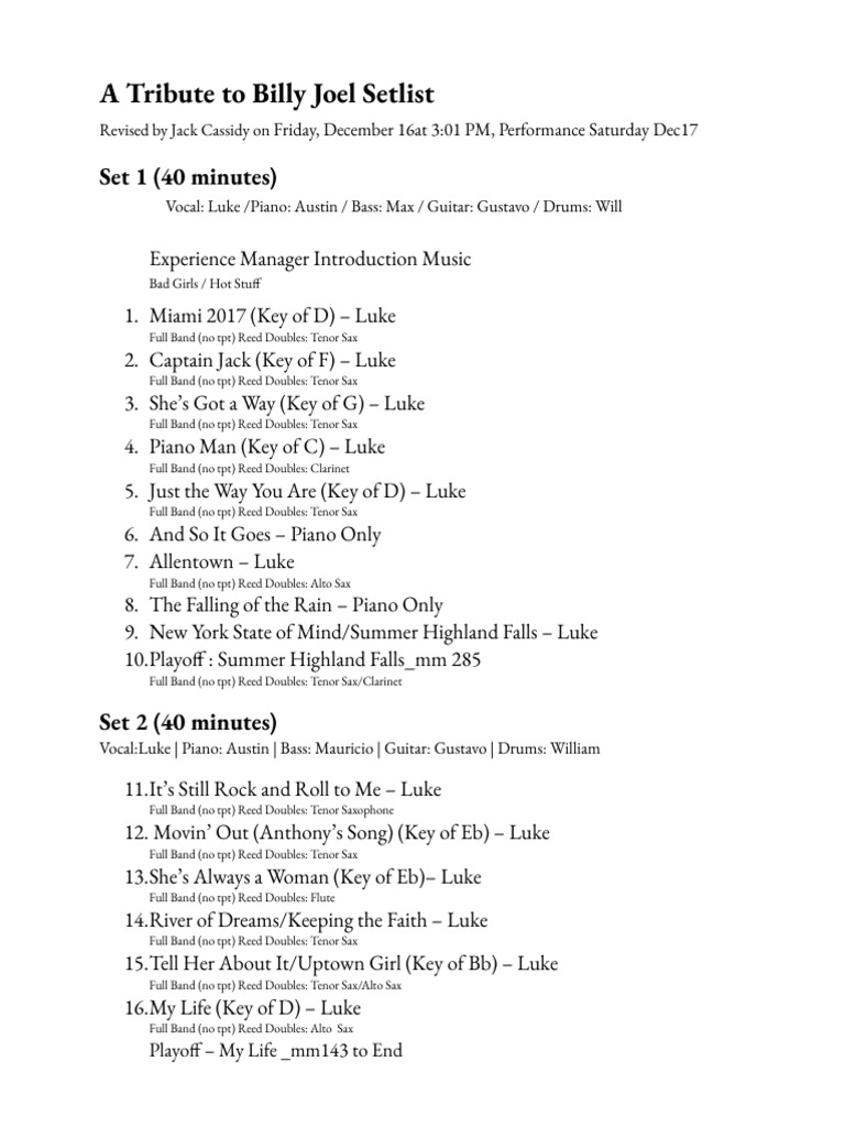 A Tribute To Billy Joel Setlist (Revised December 11) | PDF