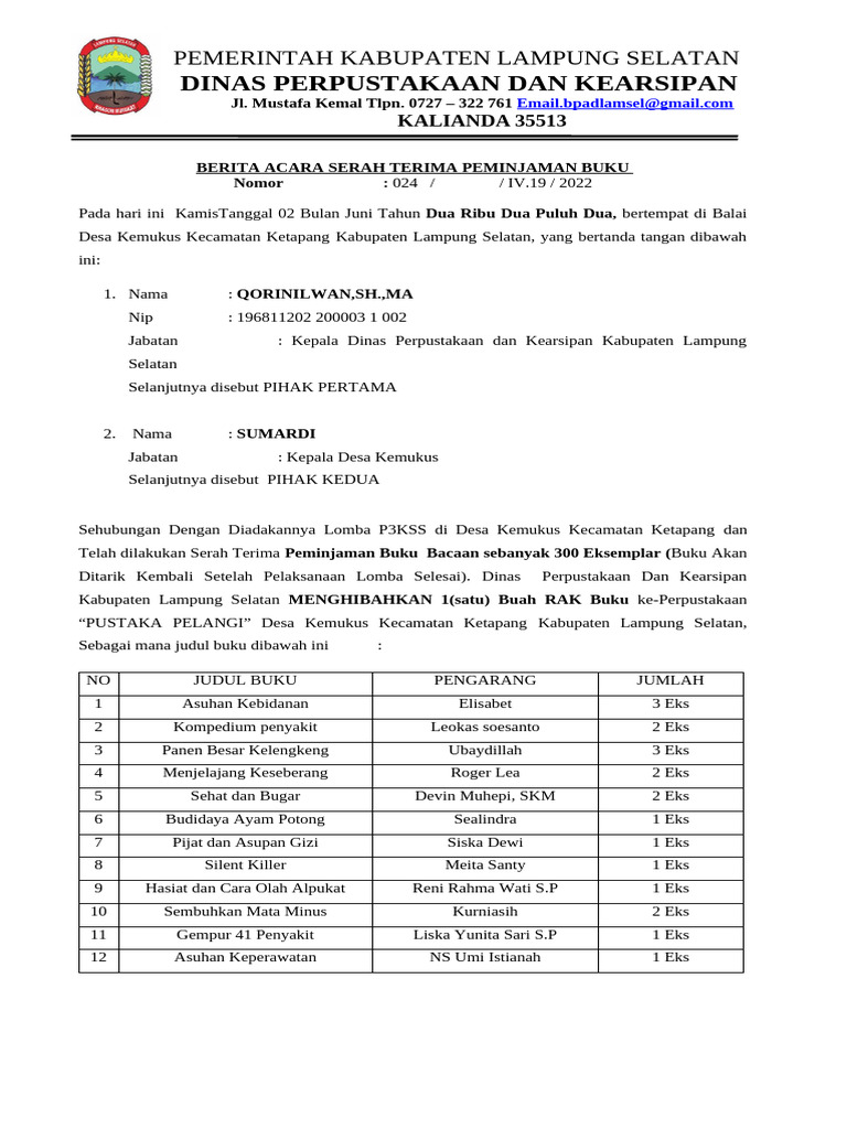 Berita Acara Serah Terima Peminjaman Buku | PDF