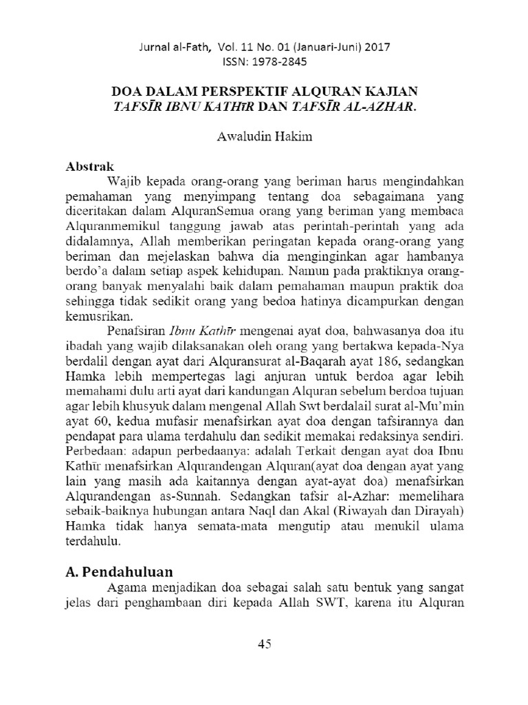 Doa Dalam Perspektif Alquran Kajian Tafsīr Ibnu Kath R Dan Tafsīr Al-Azhar | PDF