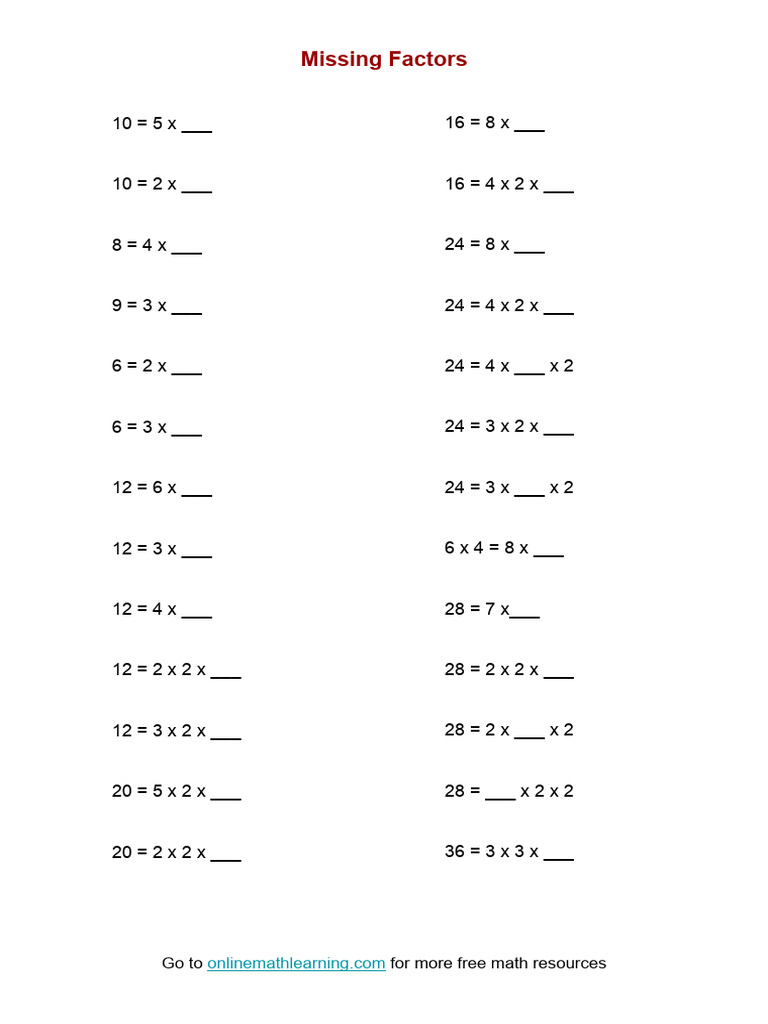 Find Missing Factor Worksheet | PDF