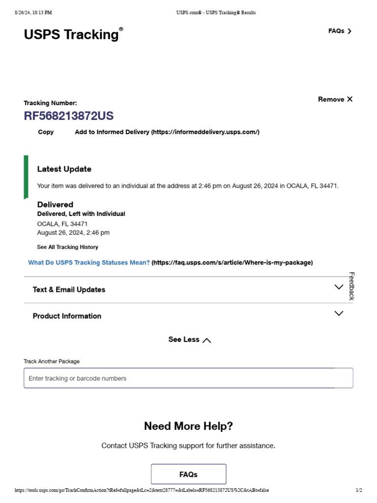 Delivery Confirmation August 26 2024 USPS RF568213872US Claim For ...