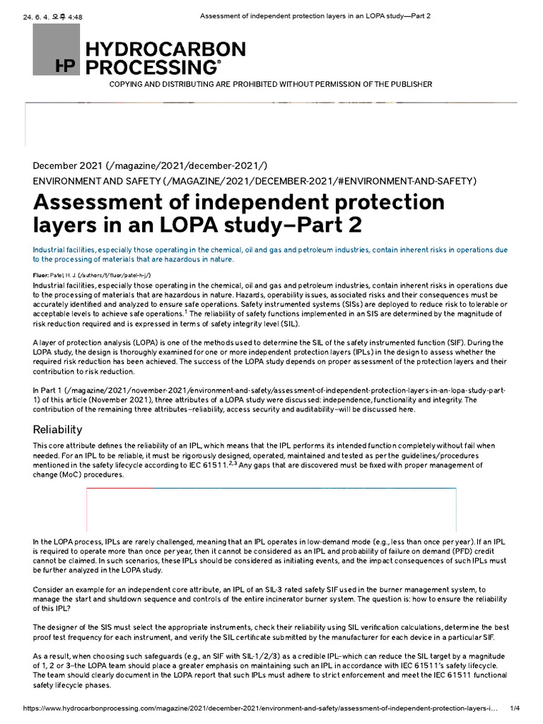 Assessment of Independent Protection Layers in An LOPA Study-Part 2 | PDF