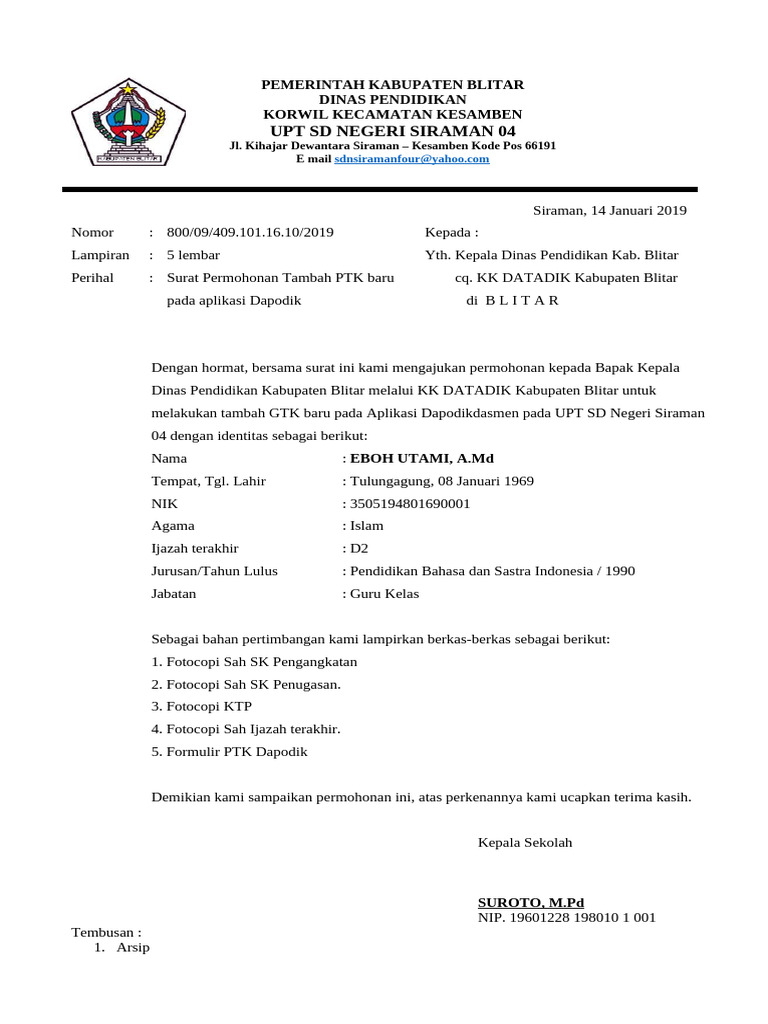 Surat Permohonan Tambah GTK Baru | PDF