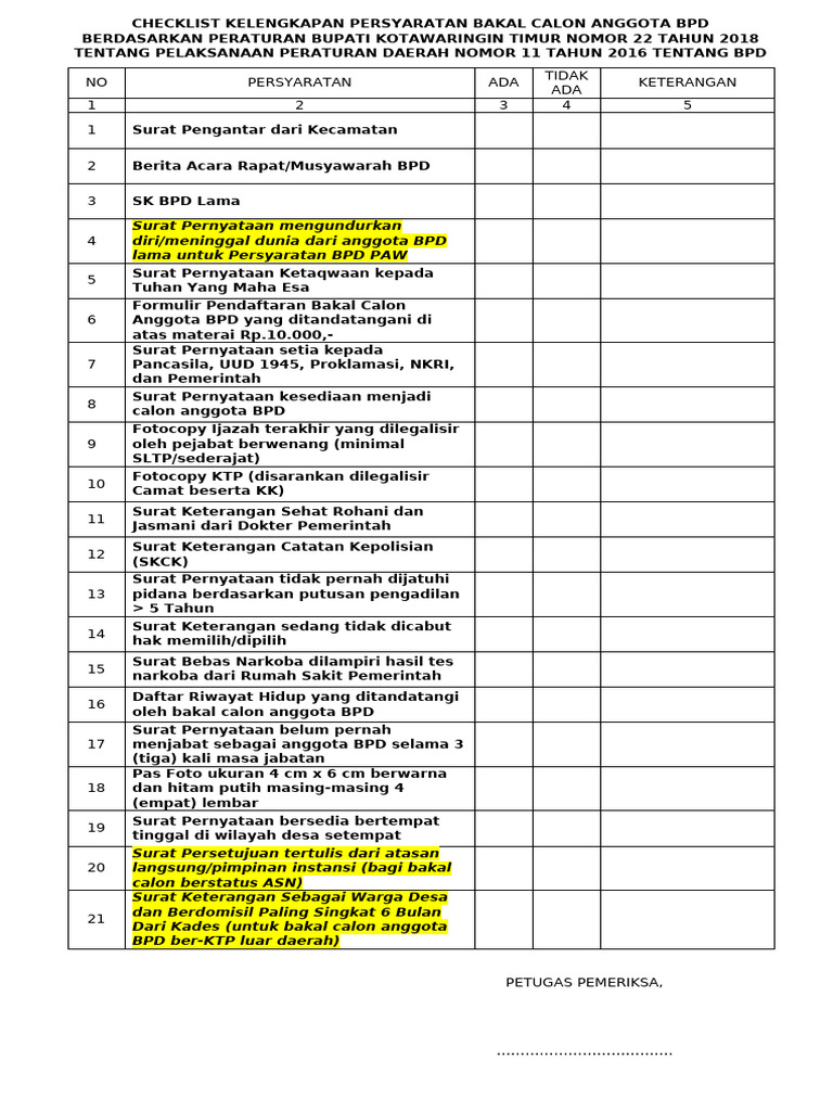 Checklist Kelengkapan Persyaratan BPD | PDF