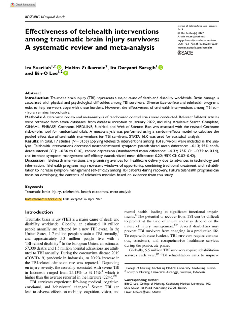 Effectiveness of Telehealth Interventions Among Traumatic Brain Injury ...