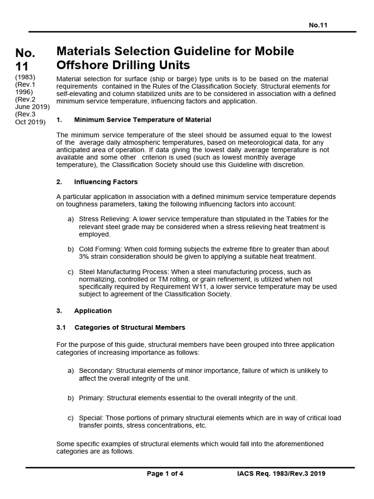 IACS Req 1983 - Rev.3 2019 Materials Selection Guideline For Mobile Offshore Drilling Units | PDF