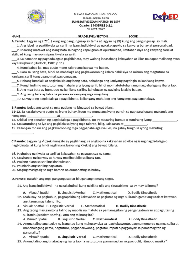 ESP7 MODULE 1 Summative | PDF