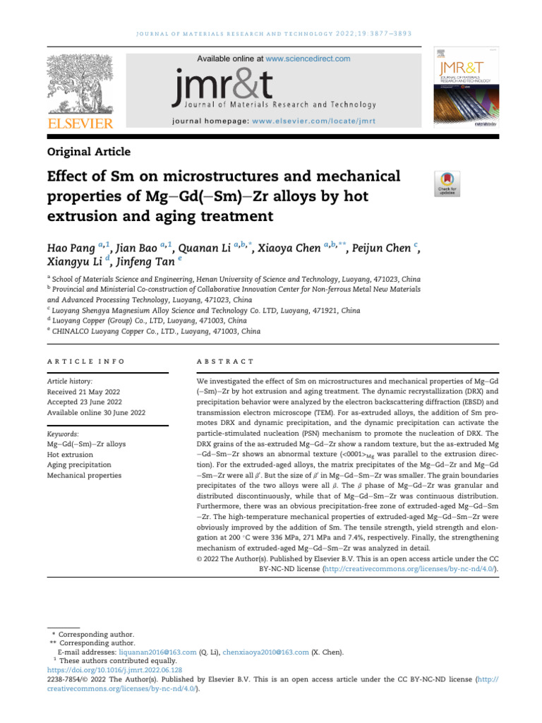 Effect of Sm on microstructures and mechanical properties of Mg–Gd(–Sm)–Zr alloys by hot ...