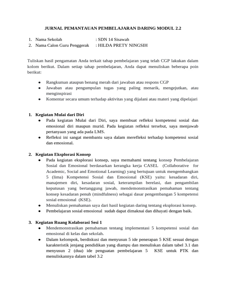 Jurnal Pemantauan Daring Modul 2.2 Hilda | PDF