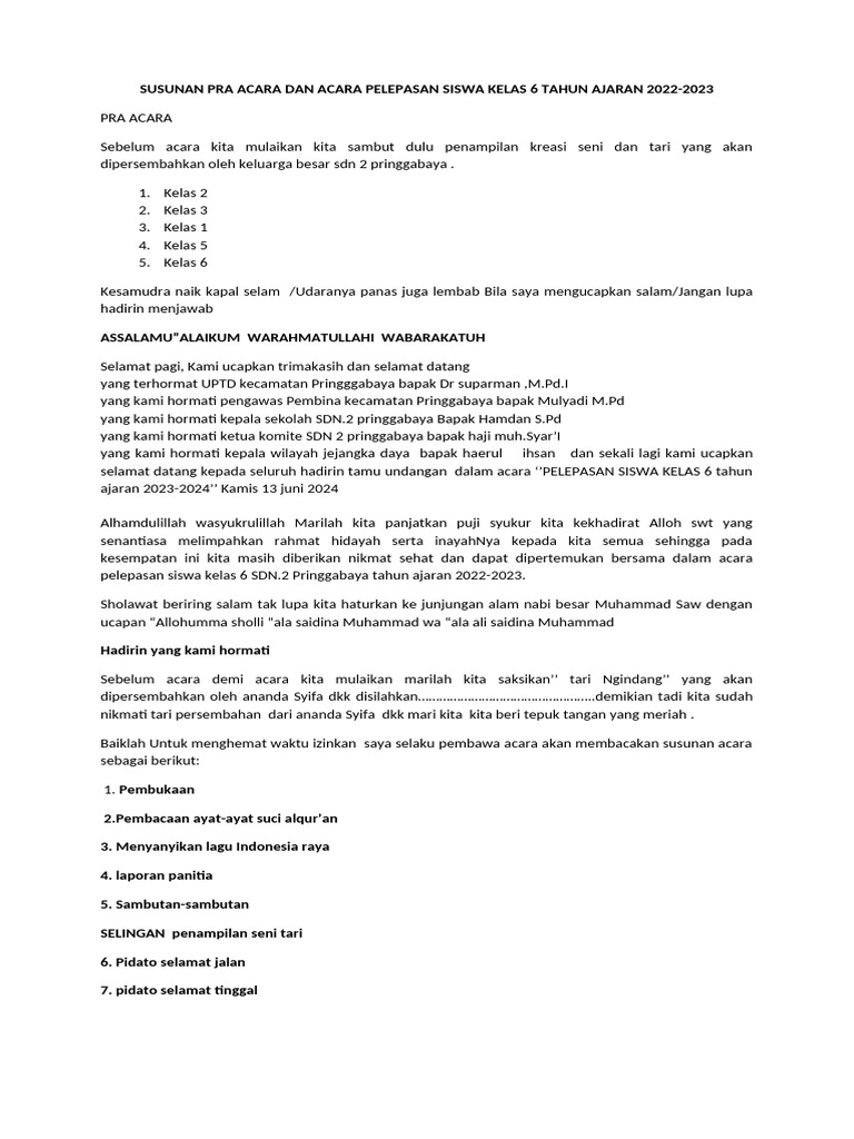 Susunan Acara Perpisahan Kelas 6 | PDF