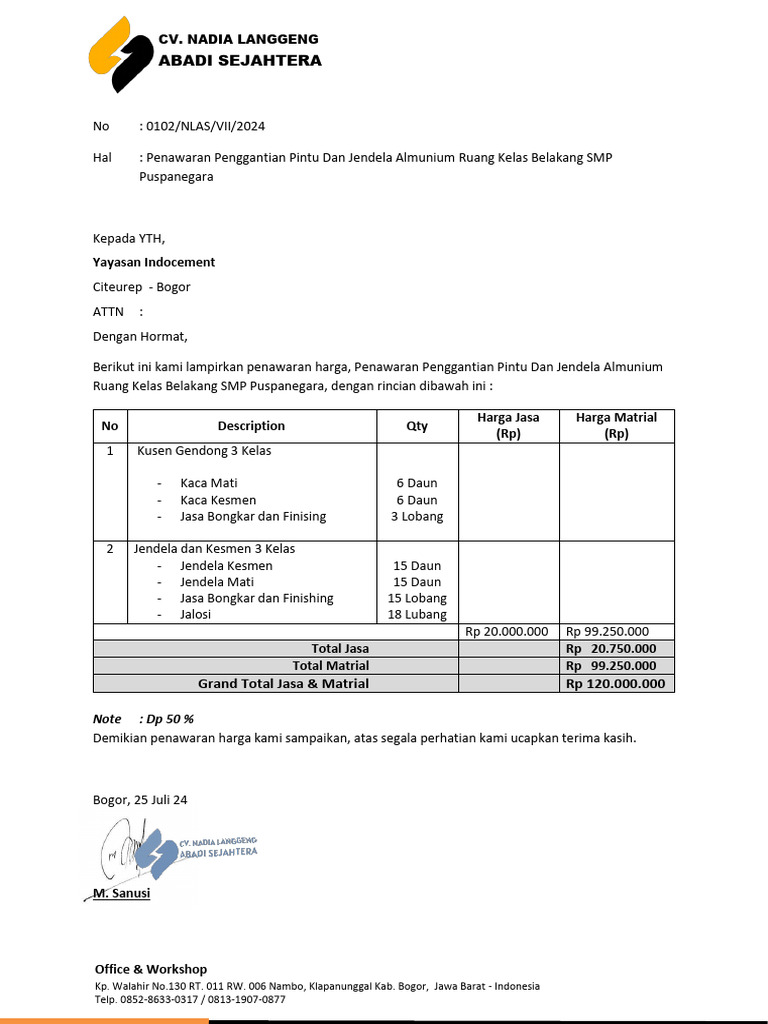 Penawaran Penggantian Jendela Almunium RKB SMP Puspanegara | PDF